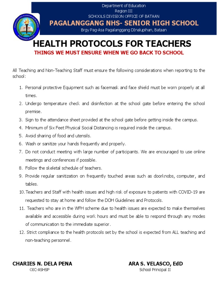Health Protocols For Teachers: Pagalanggang Nhs-Senior High School | PDF