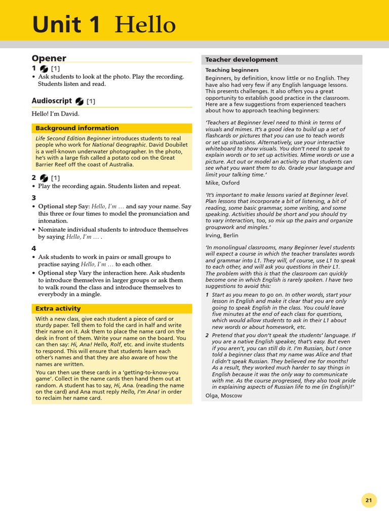 Life 2E Beginner Teacher's Book Unit 1 | Download Free PDF | Stress (Linguistics) | English Language