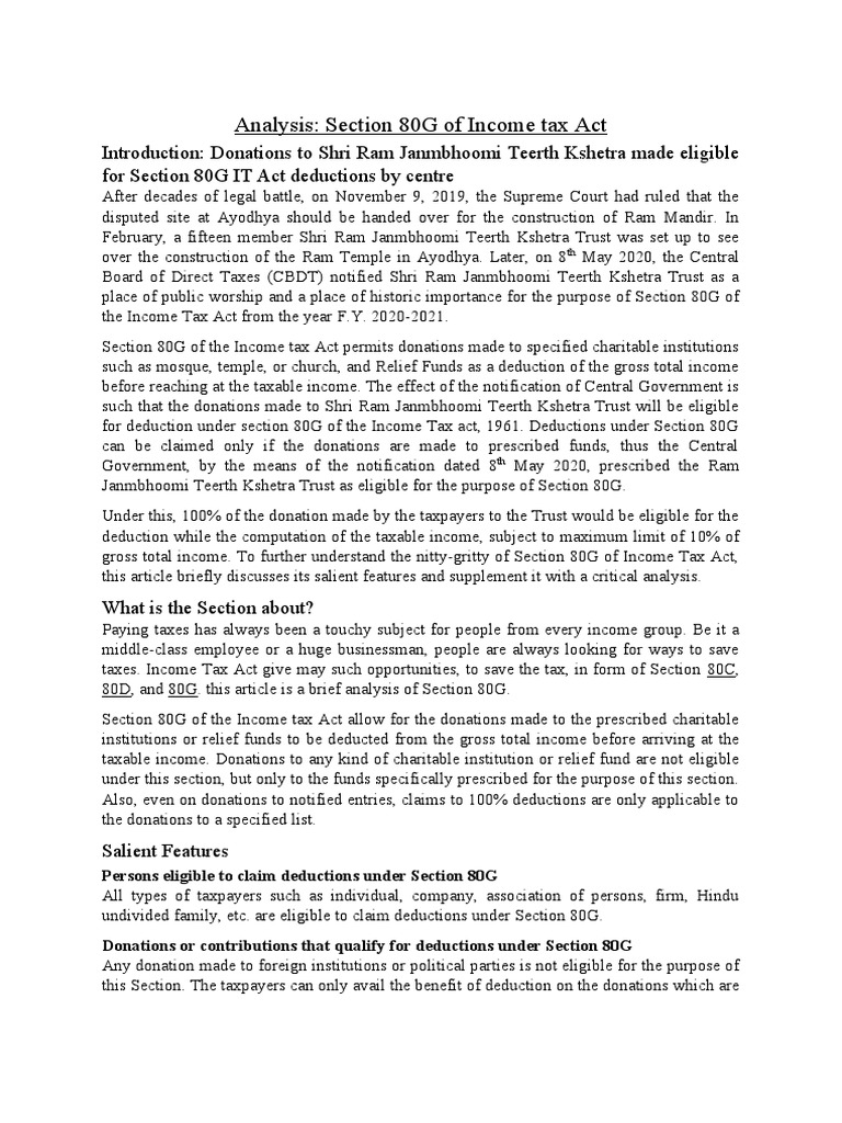 Analysis: Section 80G of Income Tax Act | PDF | Tax Deduction | Income Tax