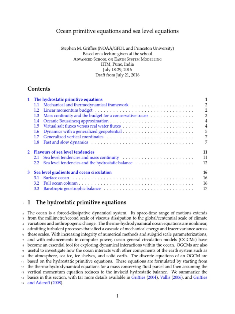 Ocean Primitive Equations and Sea Level Equations | PDF | General ...