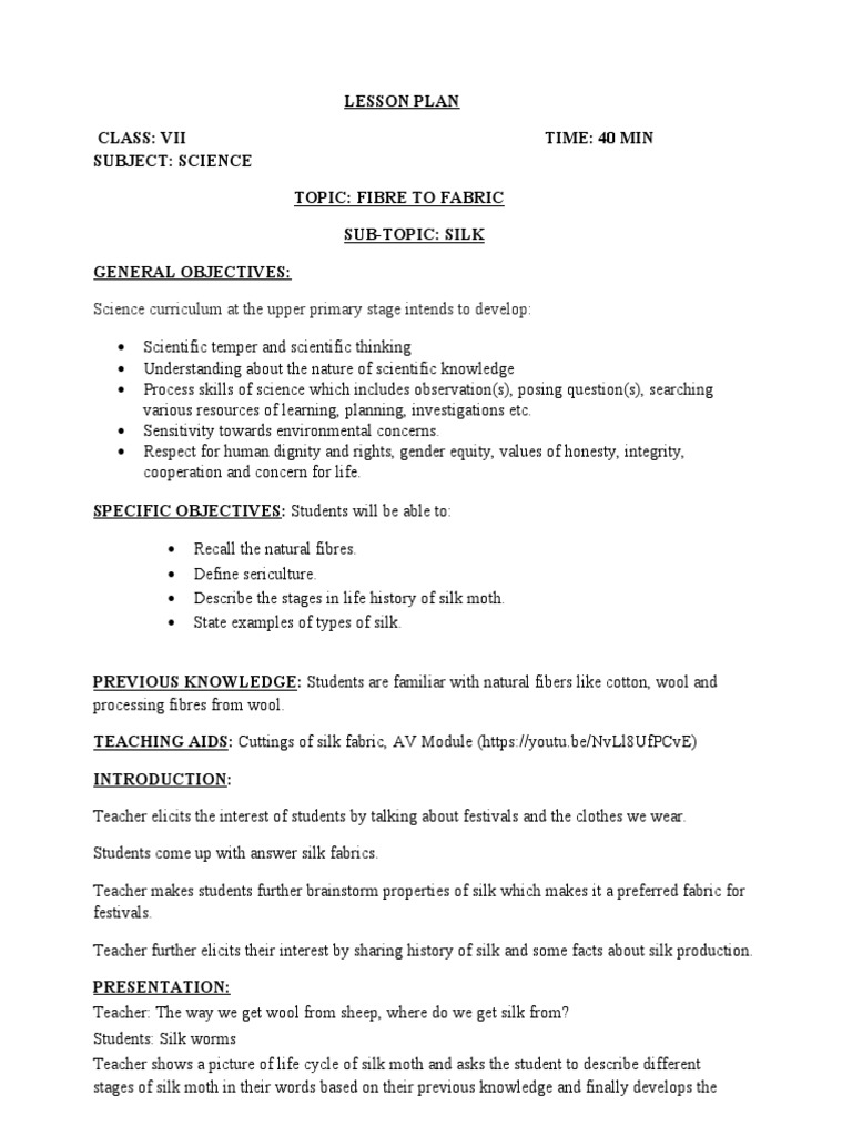 Lesson Plan of Fibre To Fabric | PDF | Silk | Textiles