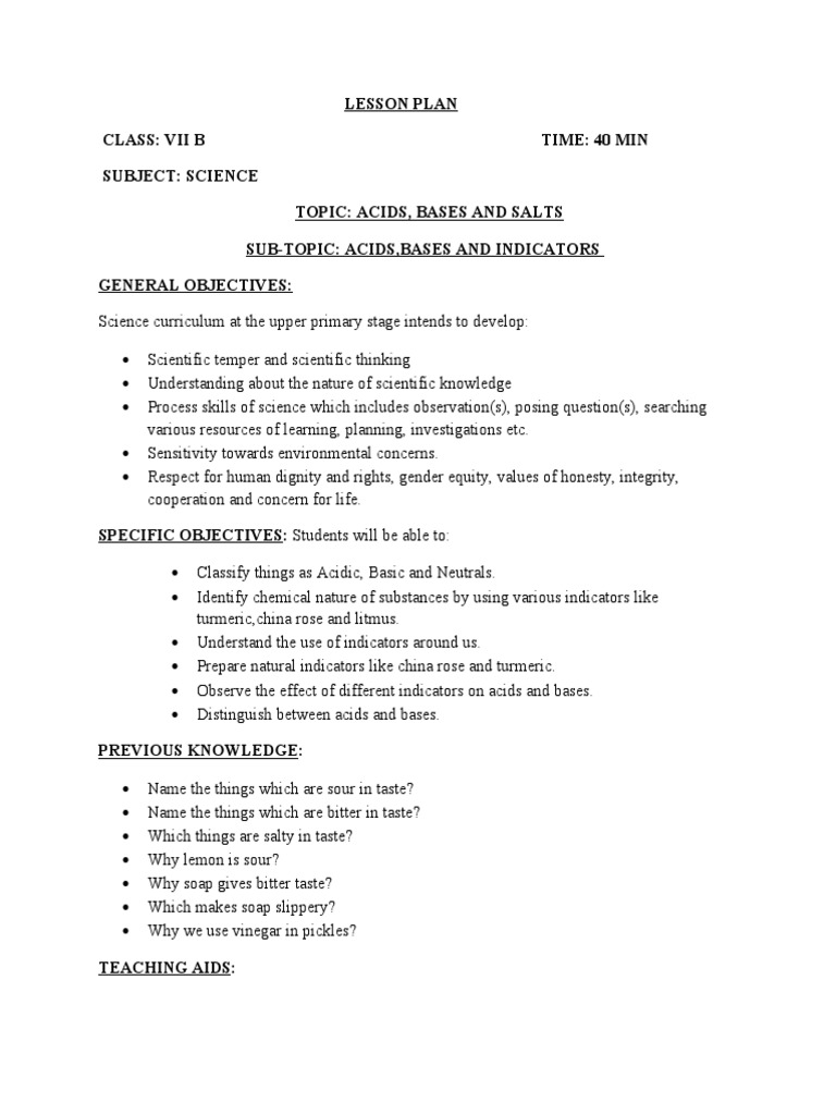 Class 7 Science: Acids, Bases, Salts Lesson | PDF | Taste | Lesson Plan
