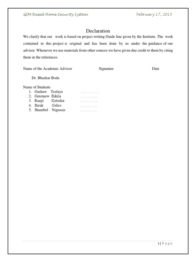Declaration: GSM Based Home Security System February 17, 2015 | PDF ...