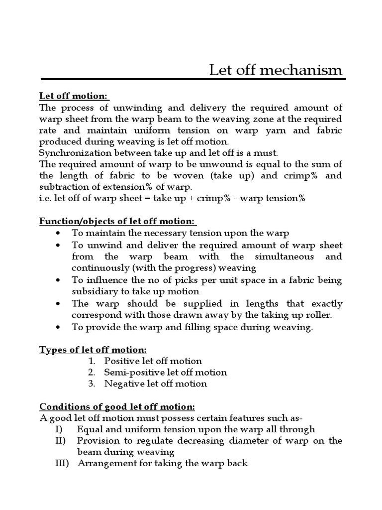 Let Off Mechanism | PDF | Loom | Weaving