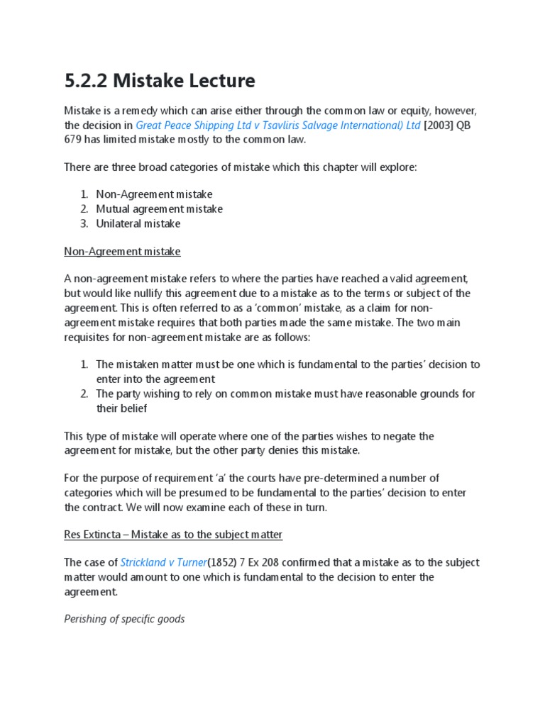 Mistake Lecture Key Concepts | PDF | Misrepresentation | Private Law
