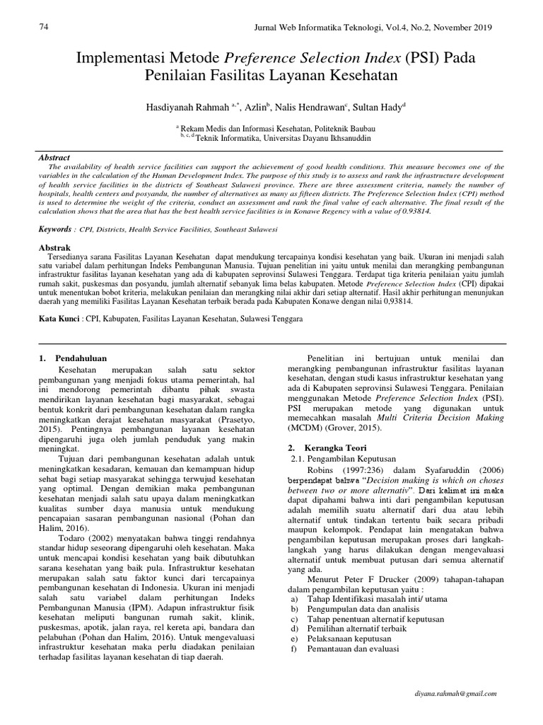 Implementasi Metode Preference Selection Index (PSI) Pada Penilaian Fasilitas Layanan Kesehatan ...