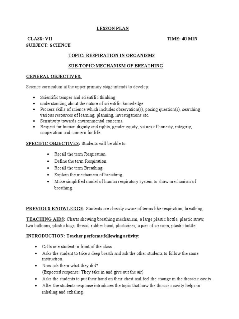Class 7 Lesson Plan: Respiration | PDF | Exhalation | Breathing