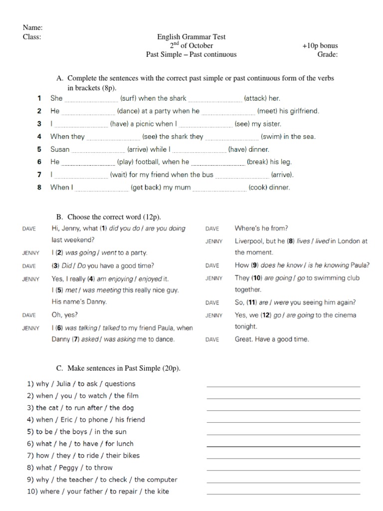 Past Simple vs. Past Continuous Test | PDF | Language Arts & Discipline