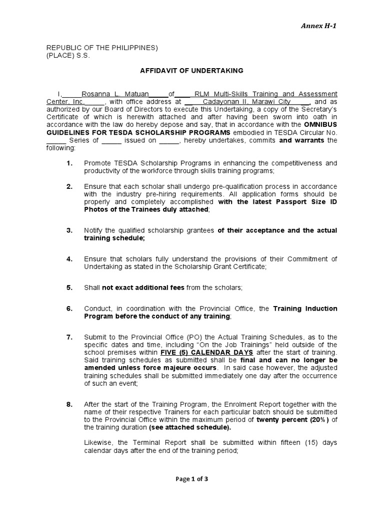 TESDA Commitment of Undertaking Form | PDF | Regulatory Compliance | Audit