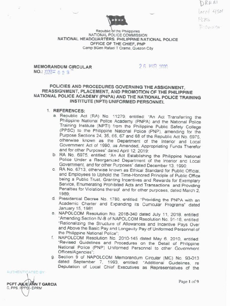 PNPMC 2020 023 Policies and Procedures Governing The Assignmen ...