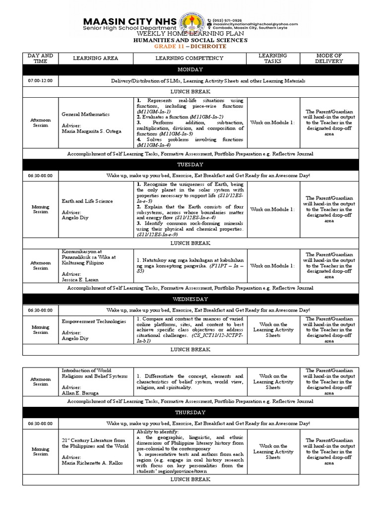 Weekly Home Learning Plan | PDF | Teachers | Learning