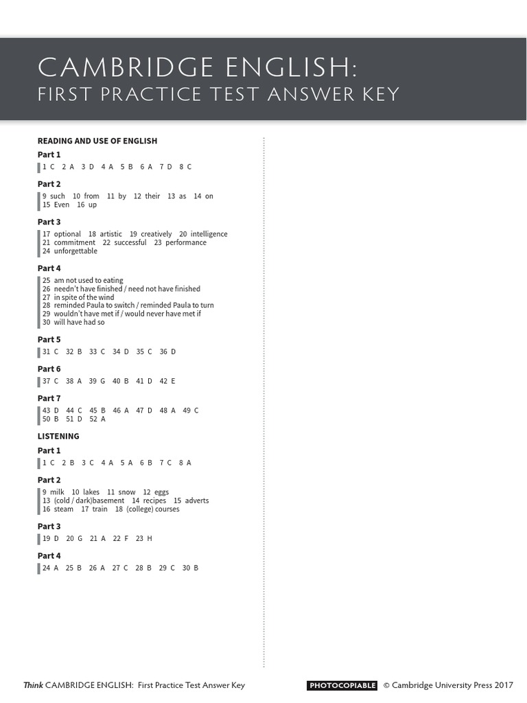 Cambridge English:: First PR Actice Test Answer Key | PDF