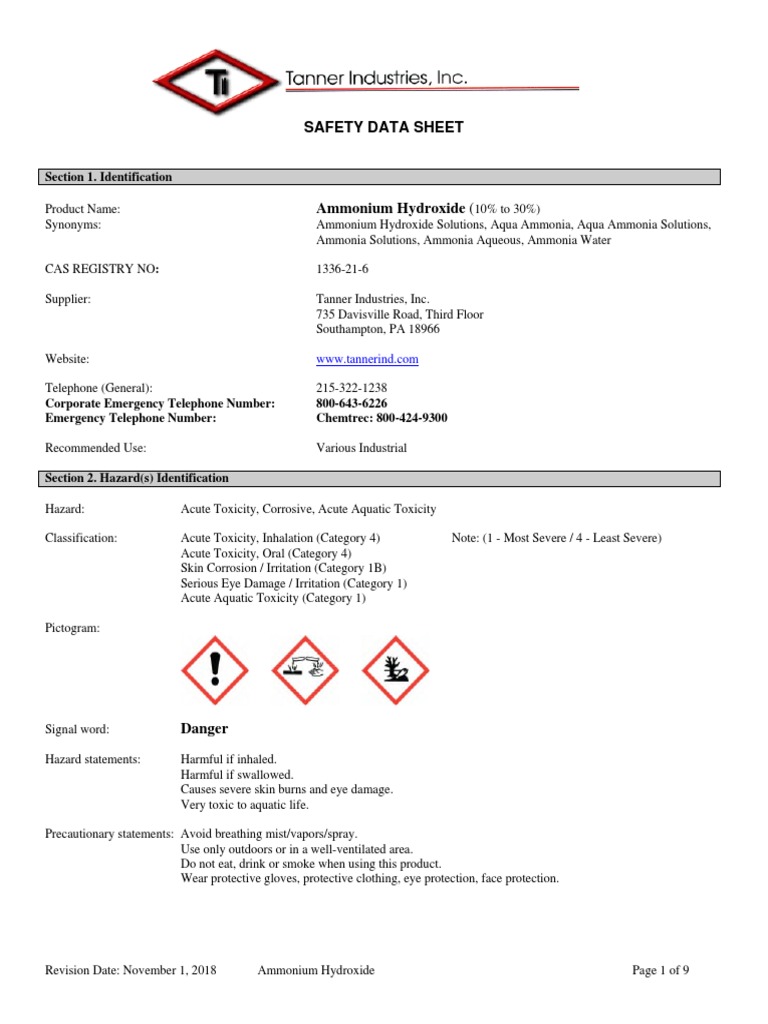 Safety Data Sheet: Section 1. Identification | PDF | Ammonia | Superfund