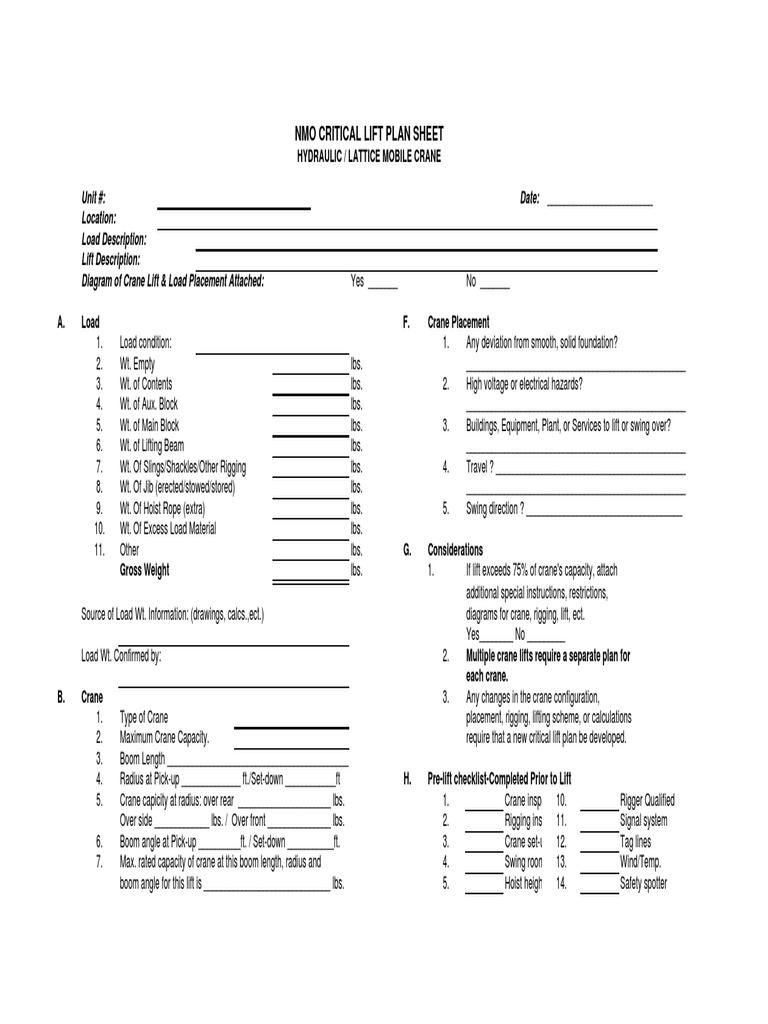 Nmo Critical Lift Plan Sheet | PDF | Crane (Machine) | Manufactured Goods