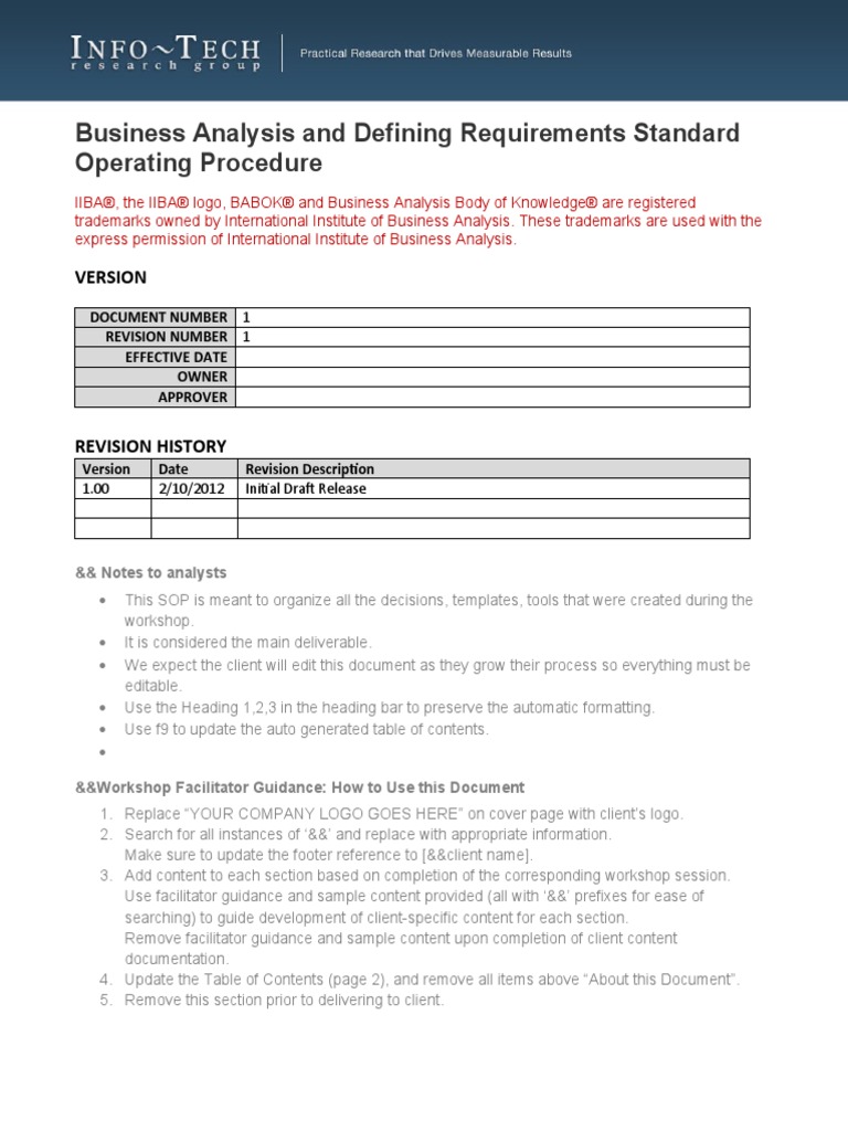 Business Analysis and Requirements Definition SOP and Process Guide ...