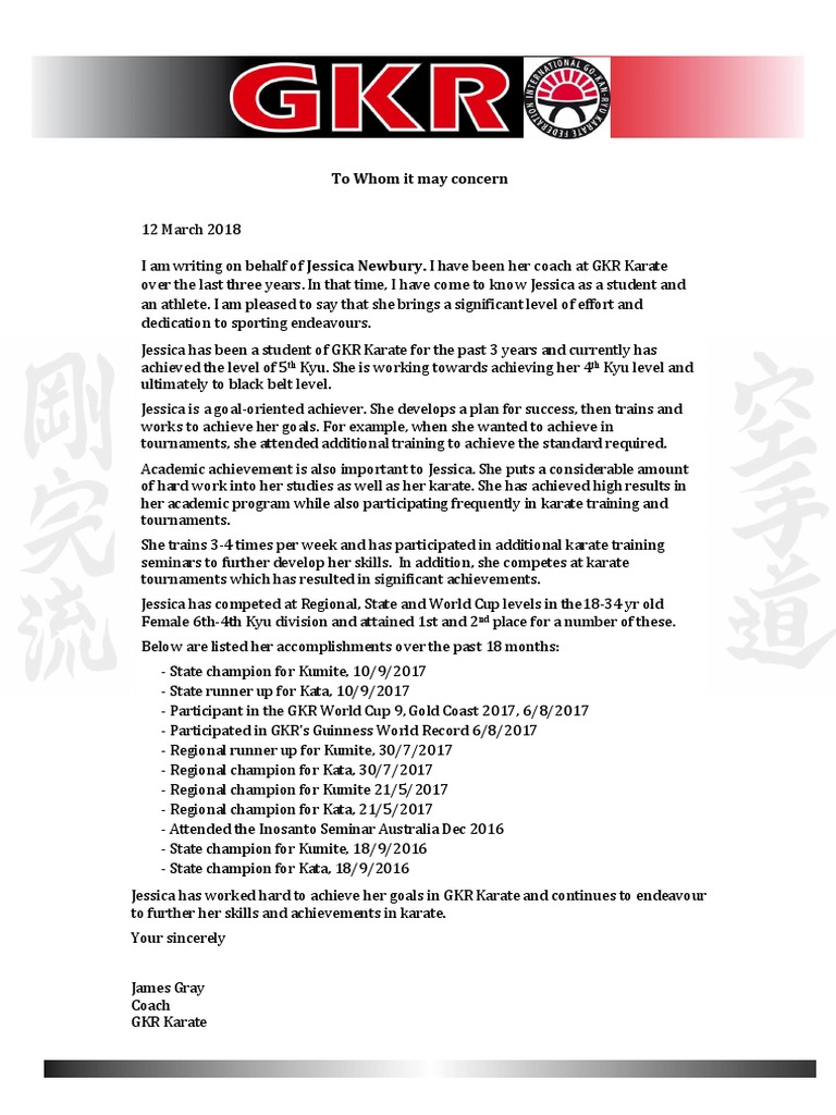 Jess Newbury - GKR Reference Letter | PDF | Karate | Asian Martial Arts