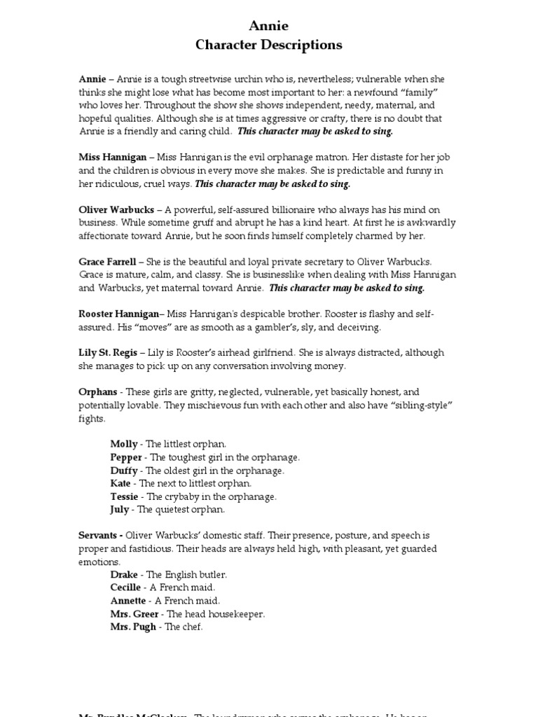 annie character descriptions | Annie (Musical) | Violence
