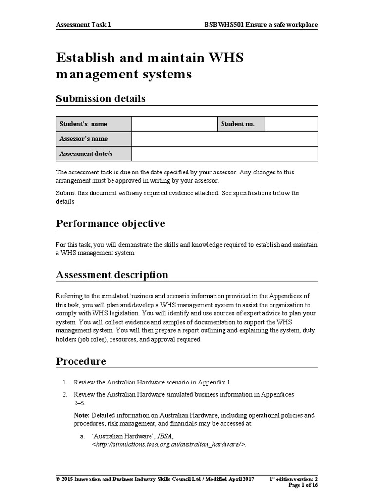 Establish and Maintain WHS Management Systems: Submission Details | PDF ...