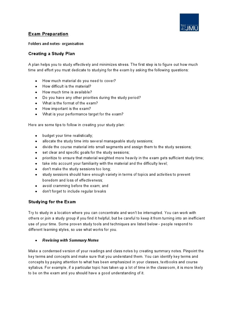 Exam Preparation: Creating A Study Plan | PDF | Test (Assessment ...