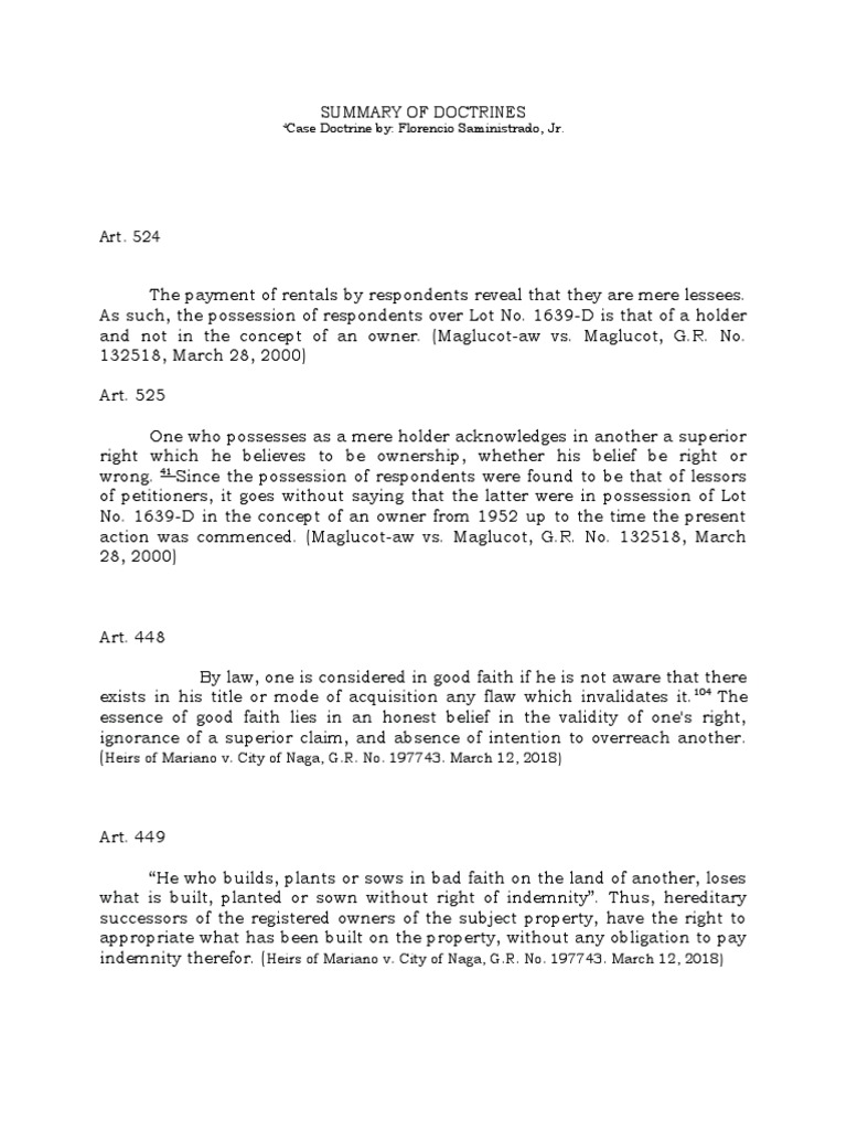 Summary of Doctrines: Case Doctrine By: Florencio Saministrado, JR ...