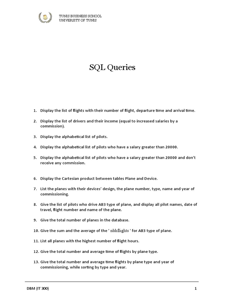 SQL Queries: Tunis Business School University of Tunis | PDF