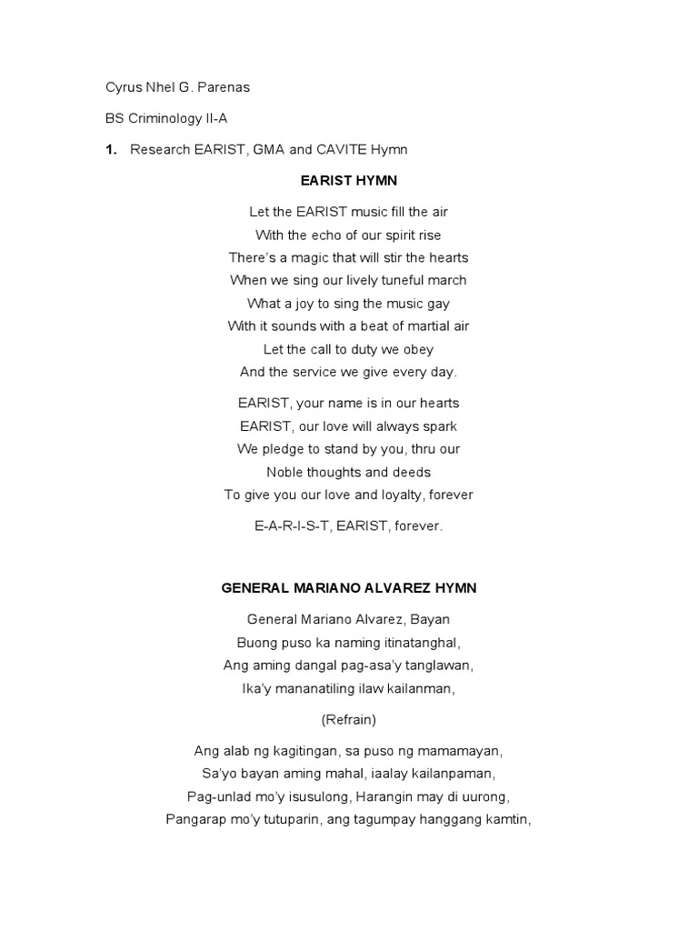 Research EARIST, GMA and CAVITE Hymn Earist Hymn | PDF | First Aid ...