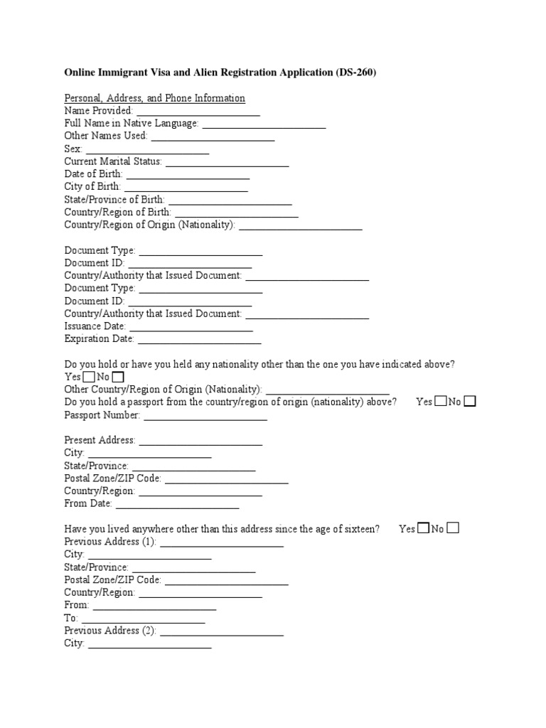 Online Immigrant Visa and Alien Registration Application (DS-260) | Download Free PDF | Social ...