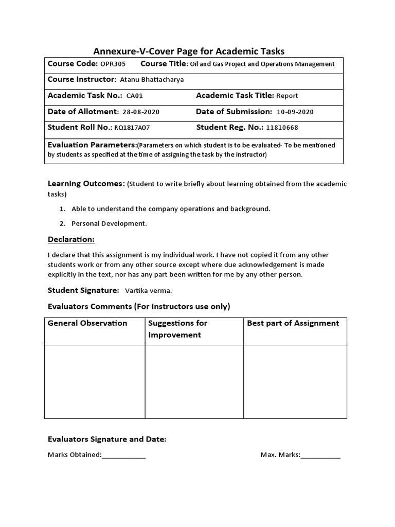 Annexure-V-Cover Page For Academic Tasks:: Oil and Gas Project and ...