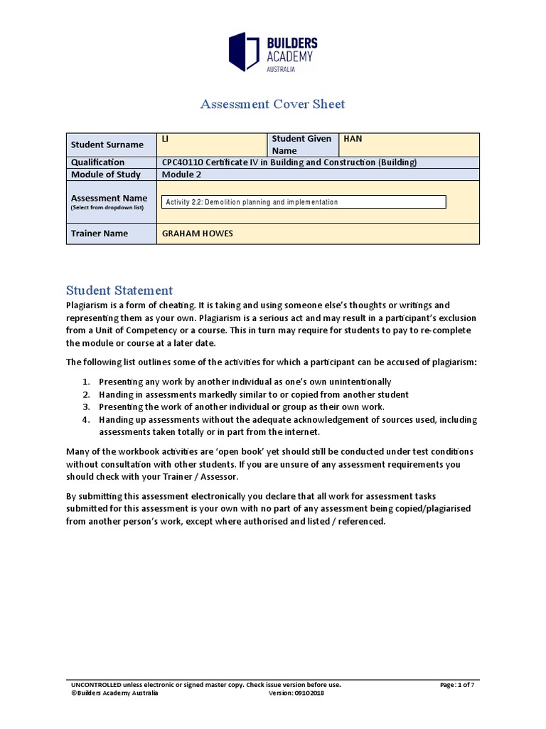 Module 2 Assessment Task 1.9 Demolition Planning and Implementation ...