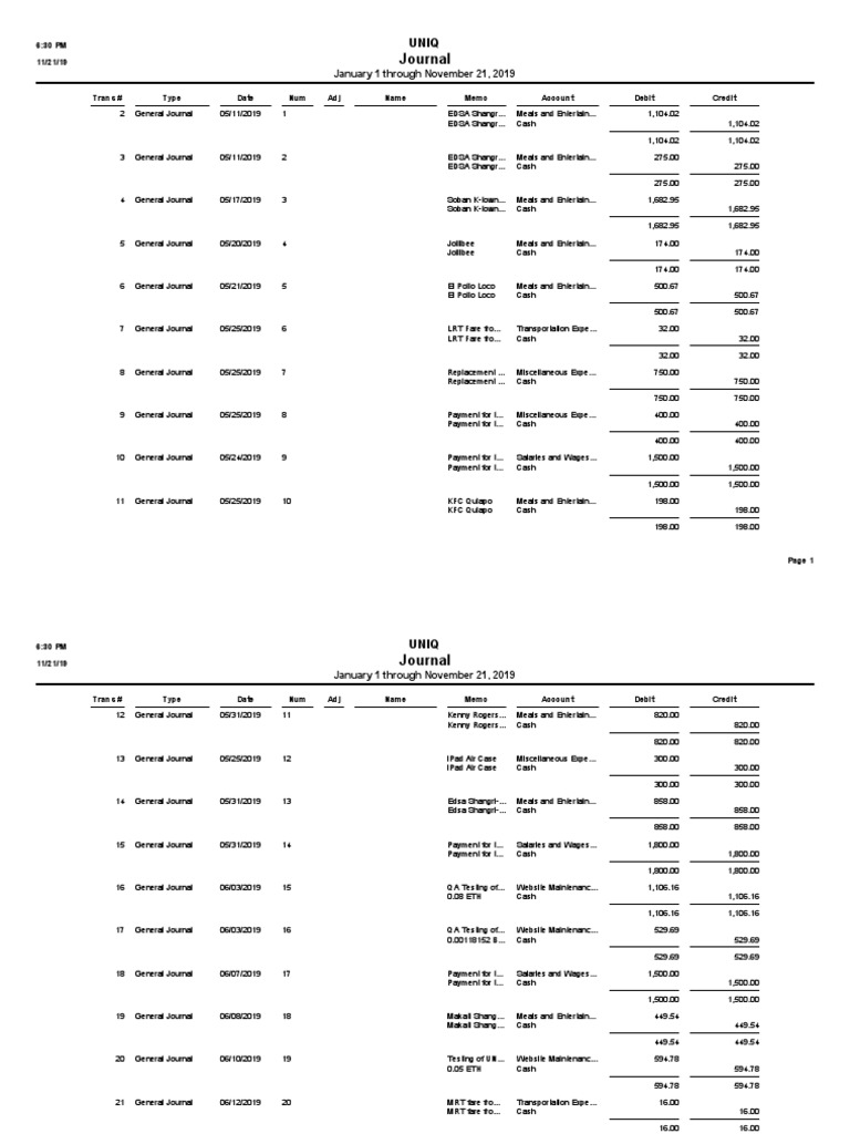 Journal Entries As of November 21, 2019 | PDF | Cash | Debits And Credits