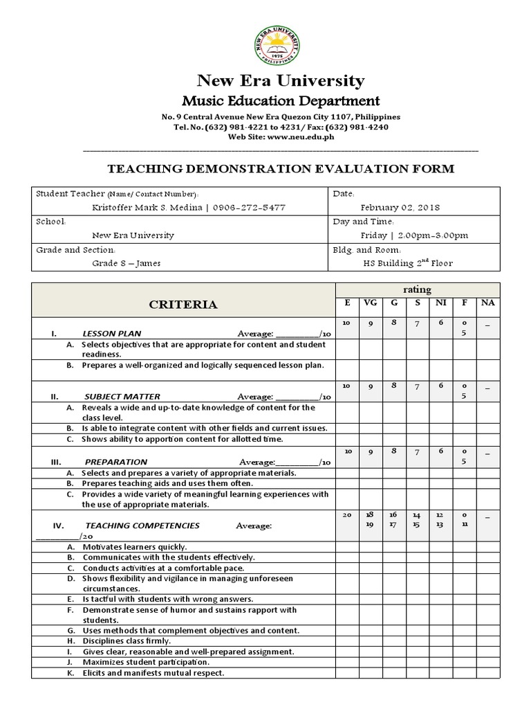 Teaching Demonstration Evaluation Form | PDF | Singing | Lesson Plan