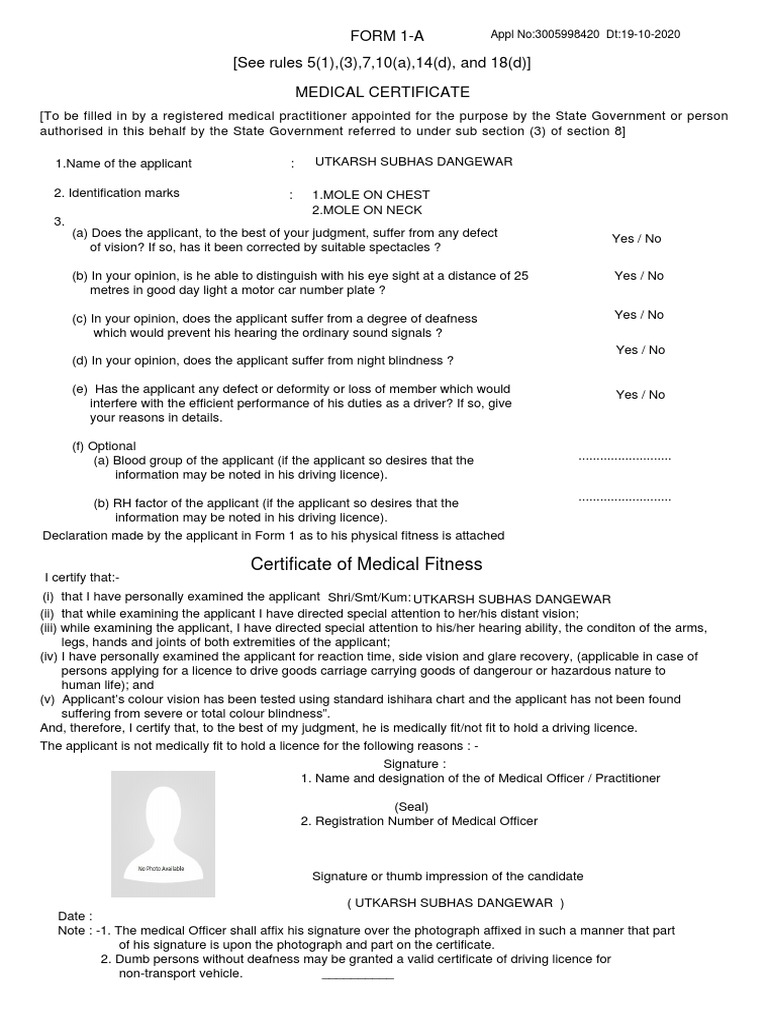 Medical Certificate Form 1-A for Drivers | PDF | Driver's License ...