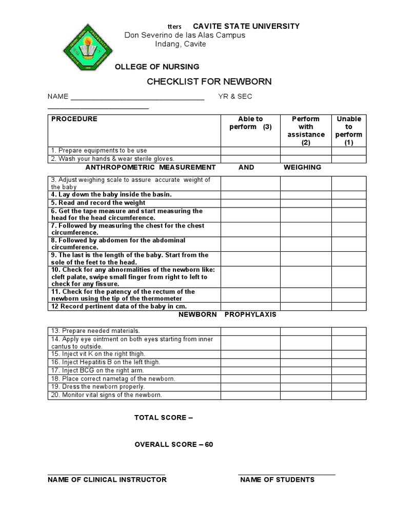Checklist For Newborn: Cavite State University | PDF | Health Sciences ...