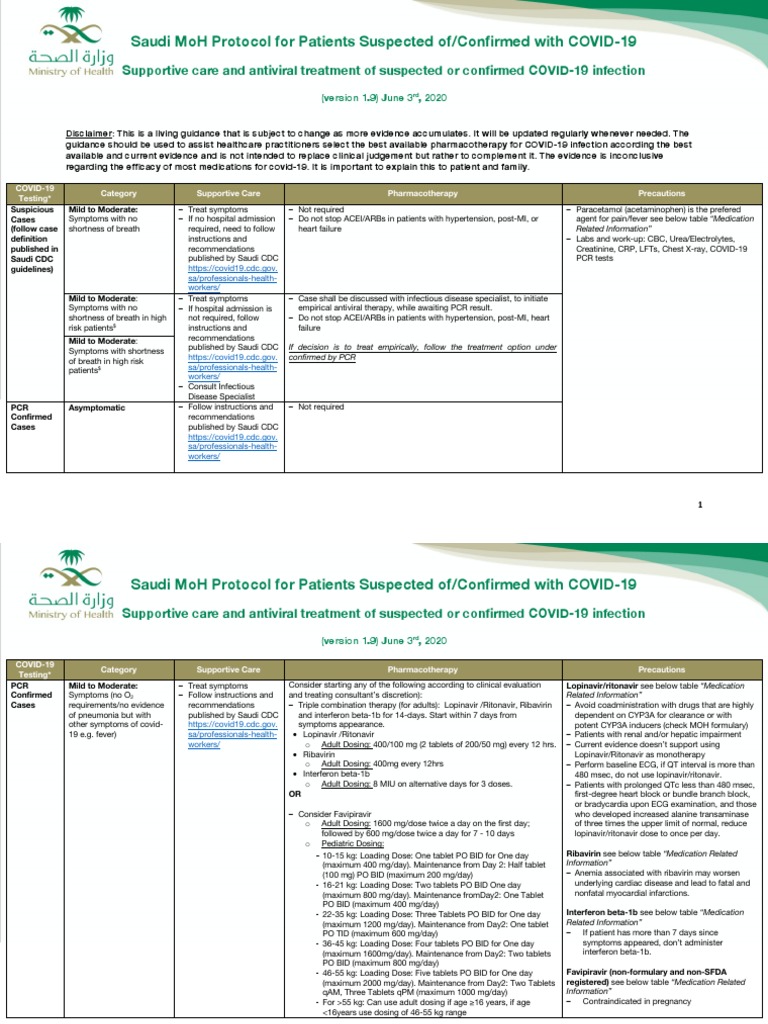 Saudi MoH COVID-19 Treatment Protocol | PDF | Bleeding | Medical Treatments