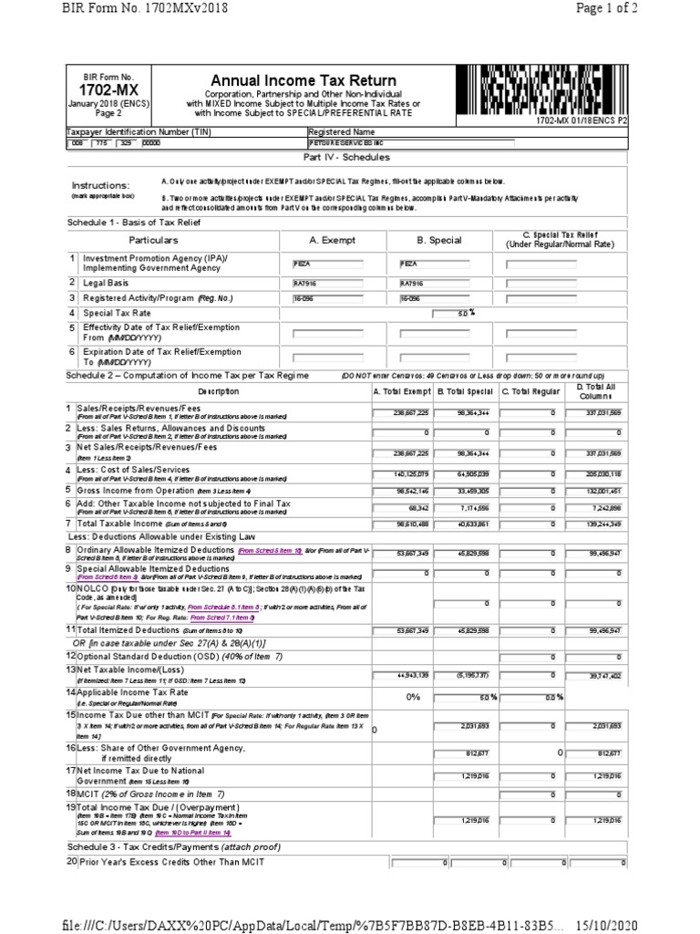 1702-MX Annual Income Tax Return: Part IV - Schedules Instructions ...