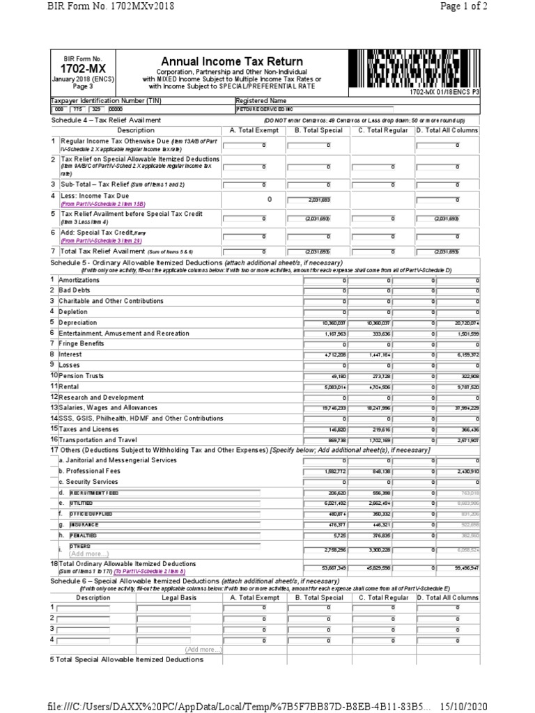 1702-MX Annual Income Tax Return: (From Part IV-Schedule 2 Item 15B ...