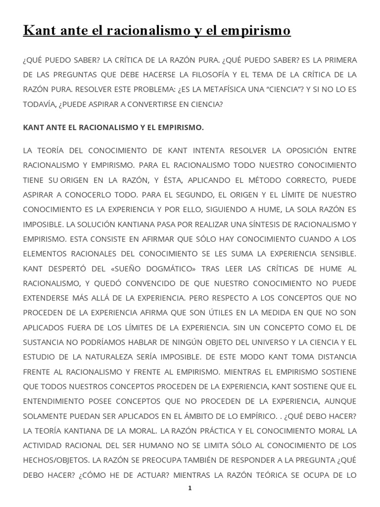 Kant Ante El Racionalismo y El Empirismo | PDF | Immanuel Kant | Empirismo