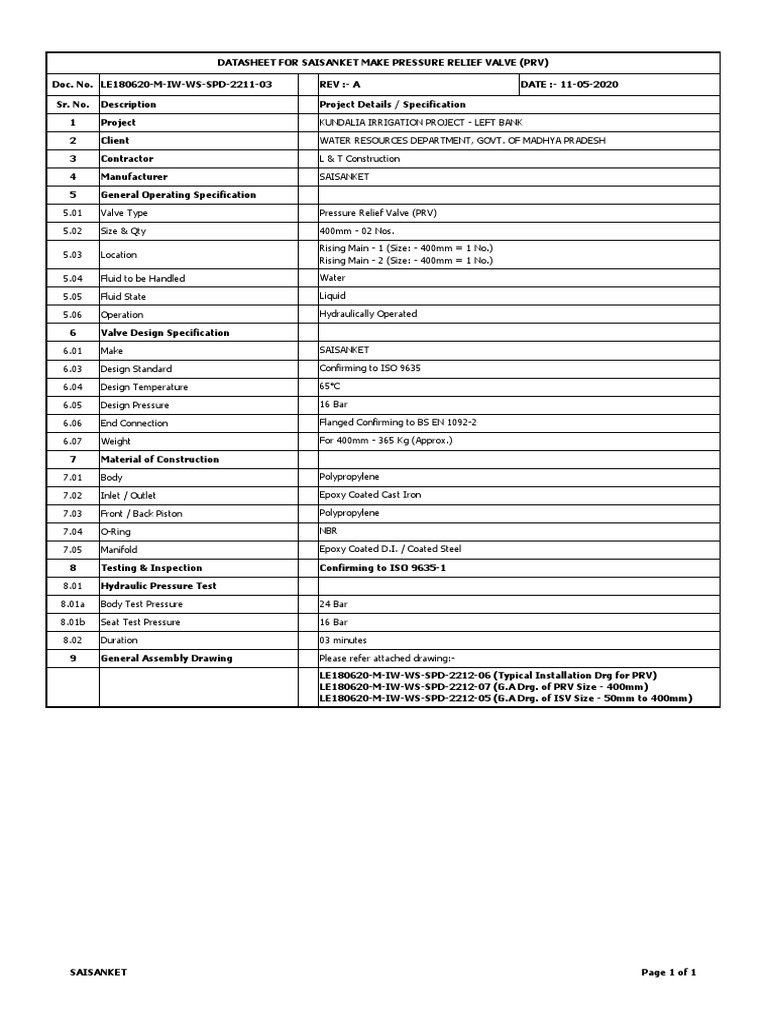 Datasheet, Drawings & QAP For Pressure Relief Valve DN400 PN16-LBC - 180920 PDF | PDF | Valve ...