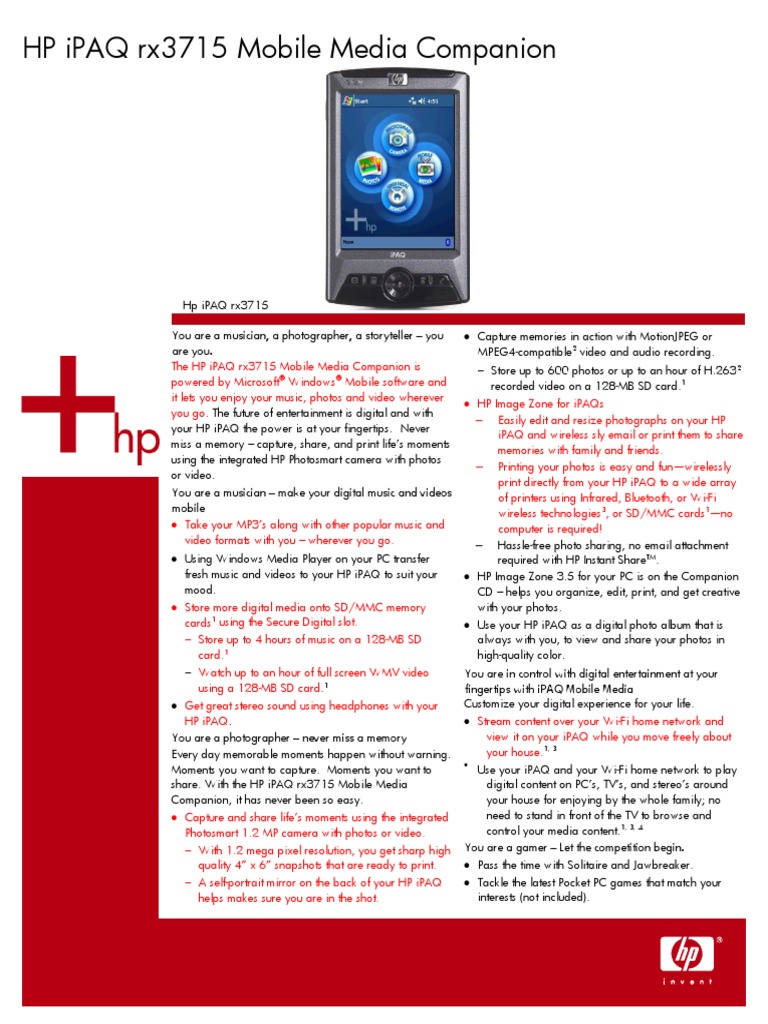 HP iPAQ rx3715 Mobile Media Companion | PDF | Personal Computers ...