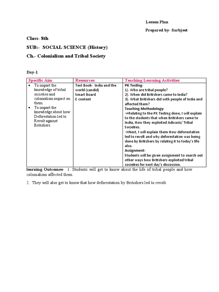 Lesson Plan Colonialism and Tribal Socity | PDF | Lesson Plan ...