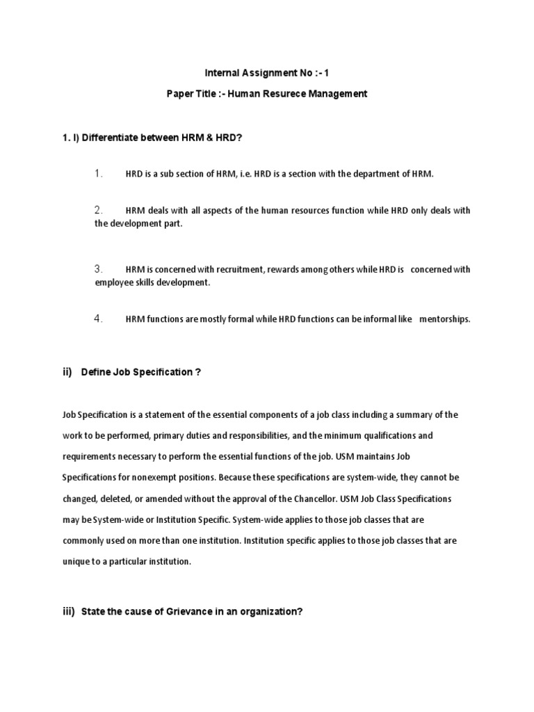Human Resource Management ASSIGNMENT 1 AND 2 ANSWER SHEET | PDF ...