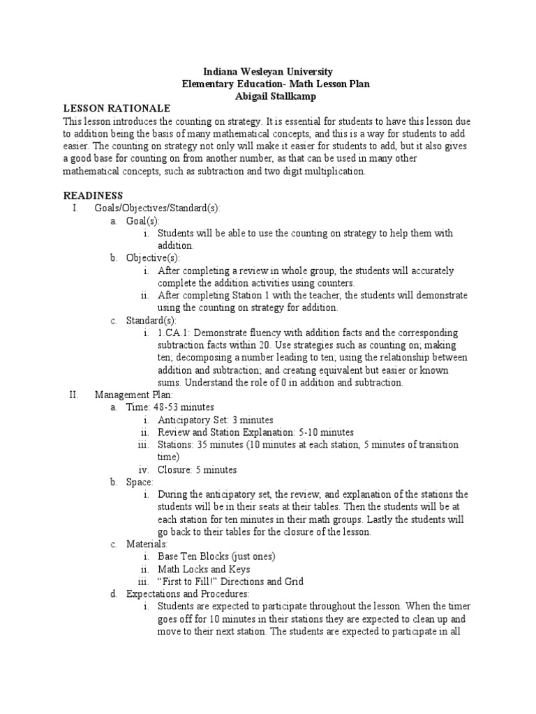 Indiana Wesleyan University Elementary Education-Math Lesson Plan ...