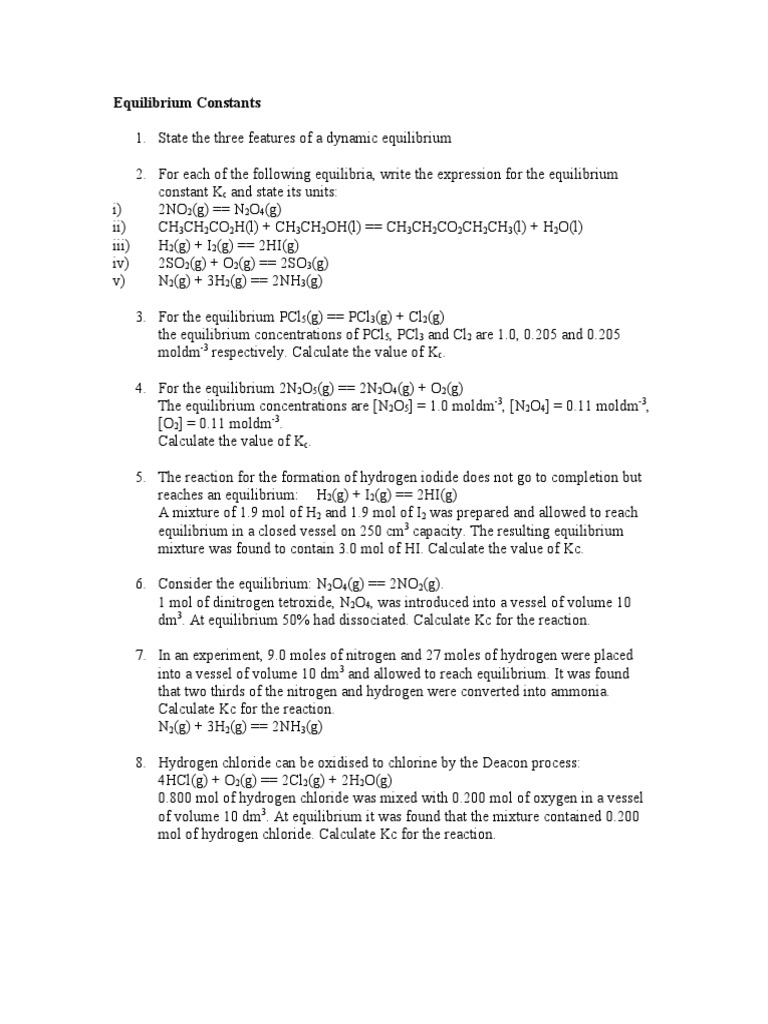 Equilibrium Constants Worksheet Answers | PDF | Chemical Equilibrium ...