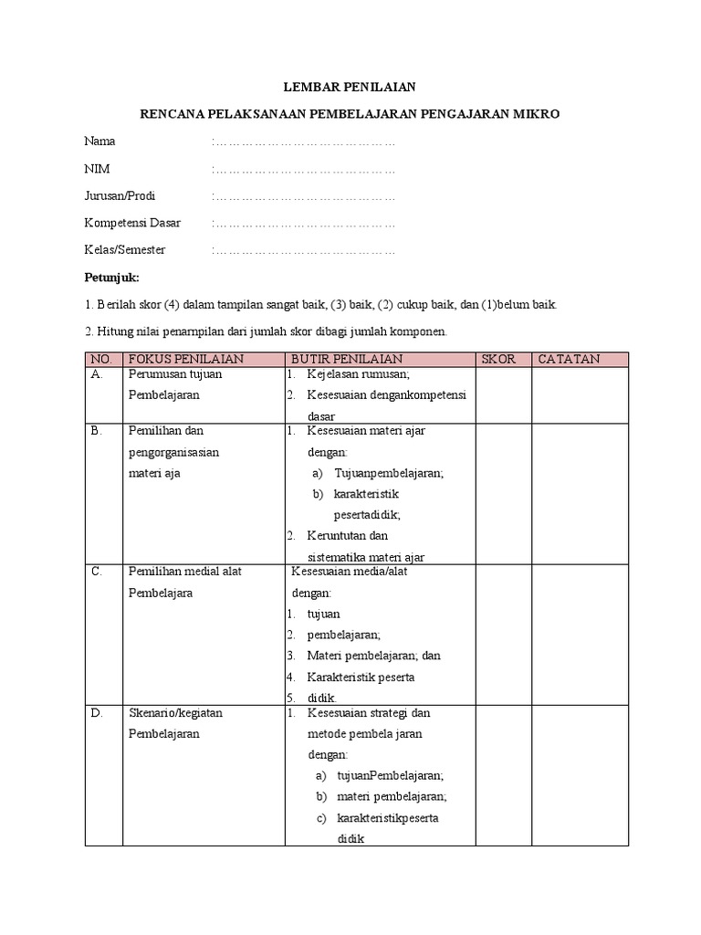 Lembar Penilaian Rencana Pelaksanaan Pembelajaran Pengajaran Mikro | PDF