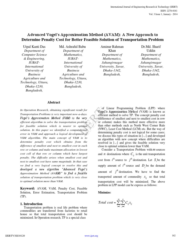 Advanced Vogel's Approximation Method (AVAM) | PDF | Approximation | Mathematical Optimization