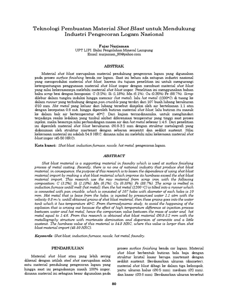 Teknologi Pembuatan Material Shot Blast Untuk Mendukung Industri Pengecoran Logam Nasional PDF | PDF