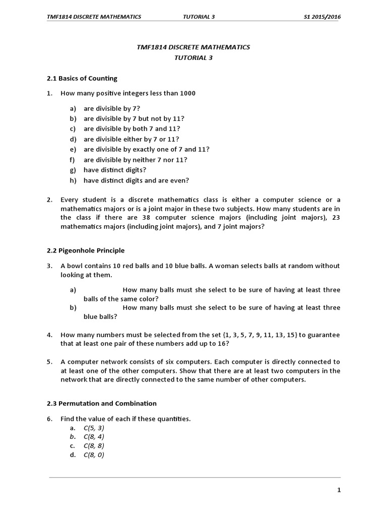 2.1 Basics of Counting: Tmf1814 Discrete Mathematics Tutorial 3 | PDF | Discrete Mathematics ...