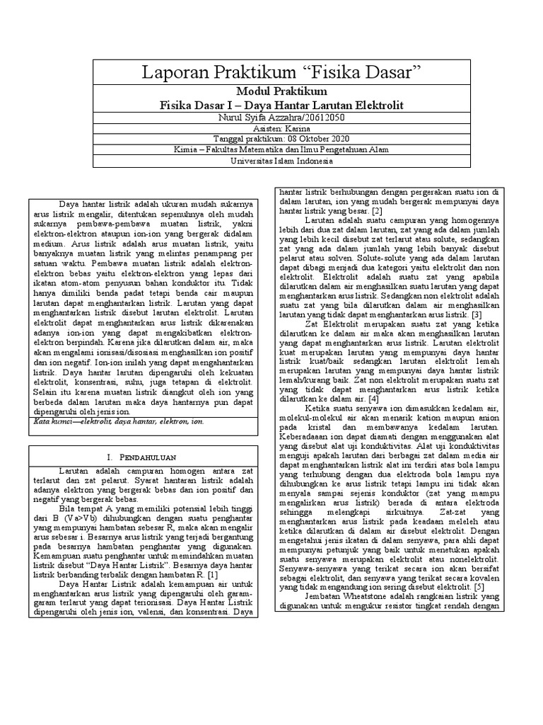 Modul Praktikum Fisika Dasar I - Daya Hantar Larutan Elektrolit | PDF