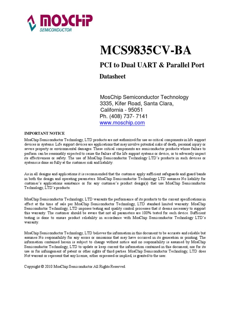 MCS9835CV-BA: PCI To Dual UART & Parallel Port | PDF | Telecommunications | Digital Electronics