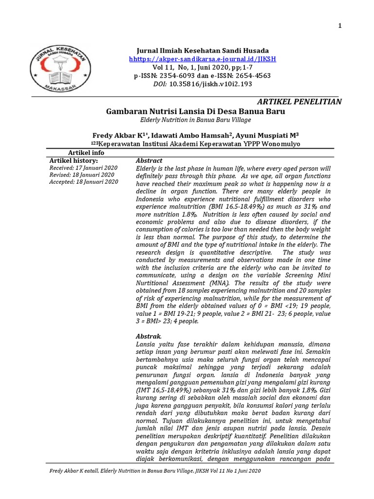 Gambaran Nutrisi Lansia Di Desa Banua Baru: Jurnal Ilmiah Kesehatan Sandi Husada | PDF | Body ...